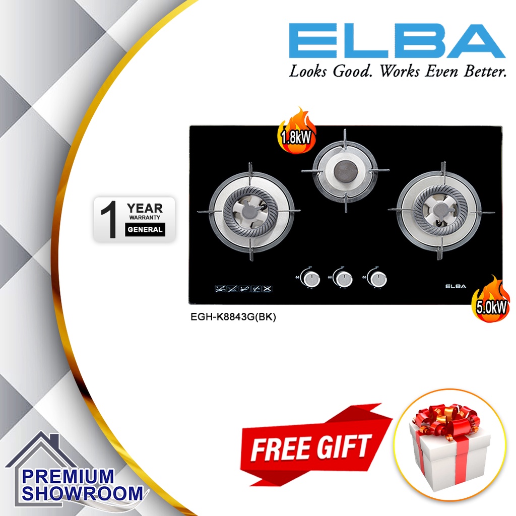 (AUTHORISED DEALER) ELBA 3 Burners 5.0kW Built In Hob / Gas Stoves / Glass Stove (BLACK) EGH ...
