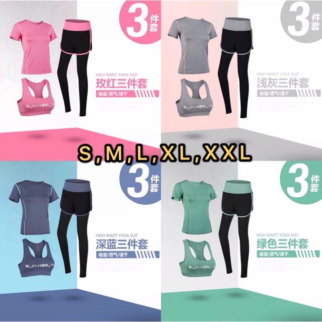 (🇲🇾READY STOCK) Gym wear + Activewear 3piece Woman short sleeve + Long ...
