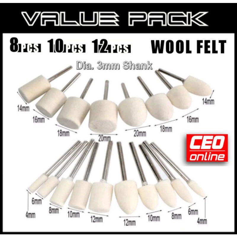 CEO 🇲🇾 8pcs 10pcs 12pcs Wool Felt Mounted Polishing Buffing Wheel ...
