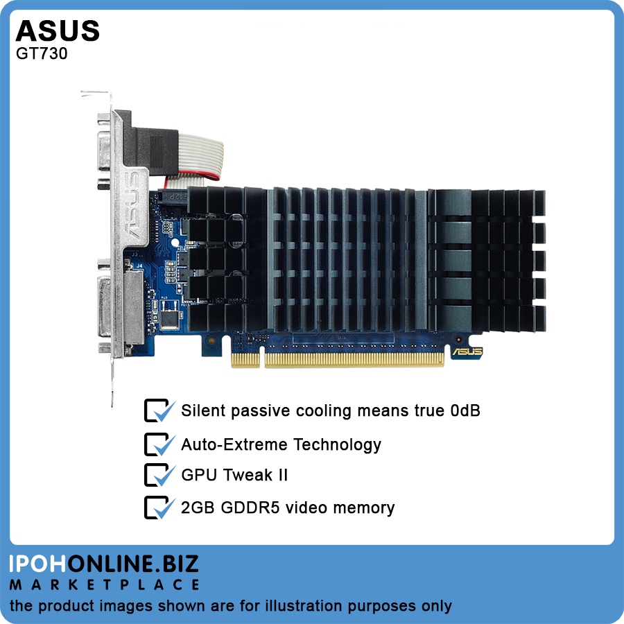 ASUS GeForce GT 730 2GB GDDR5 DVI VGA HDMI 0dB Silent Passive Cooling Low Profile Graphic Card ...