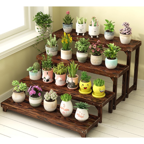 🌱 4-Tier Free Standing Plant Natural Wood Flower Rack Tree Tray Bamboo ...