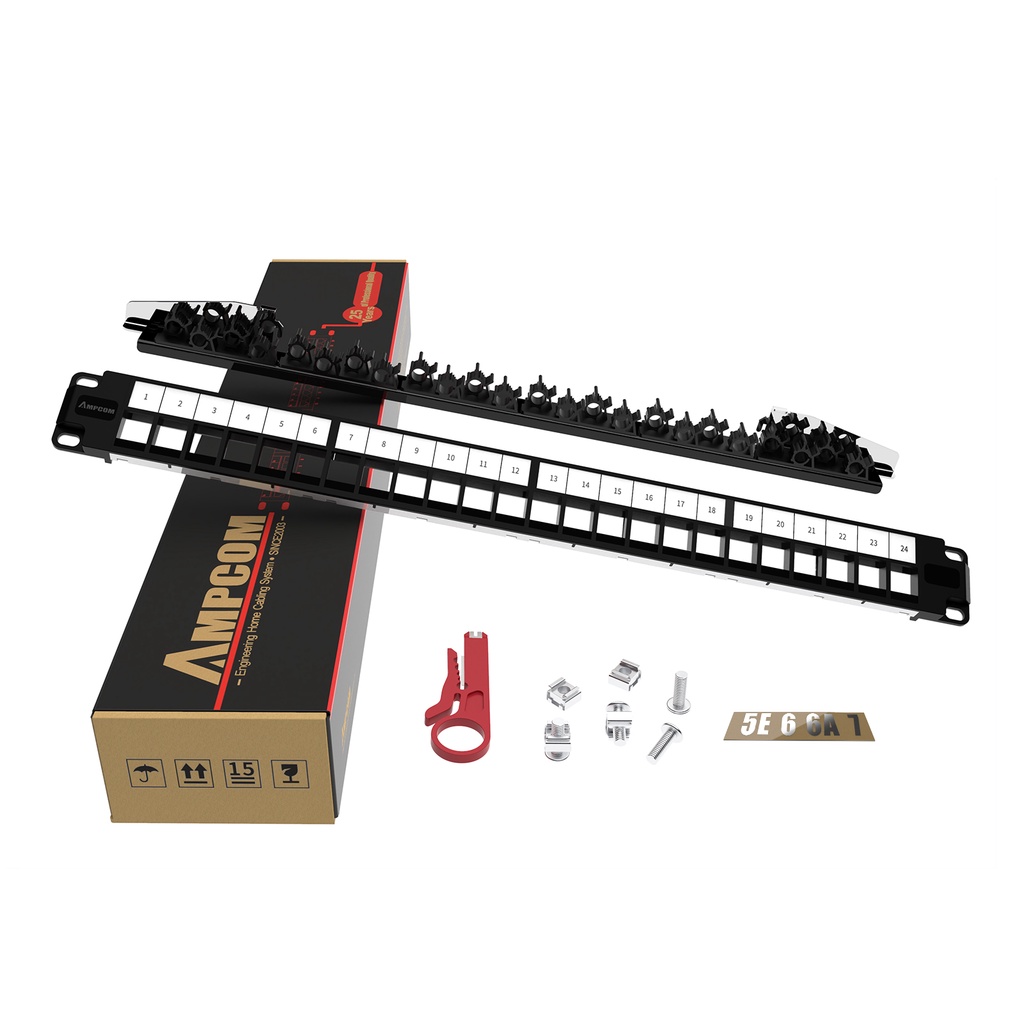 AMPCOM 24 Port Blank Keystone Patch Panel 1U STP/UTP Rack Wall Mount ...