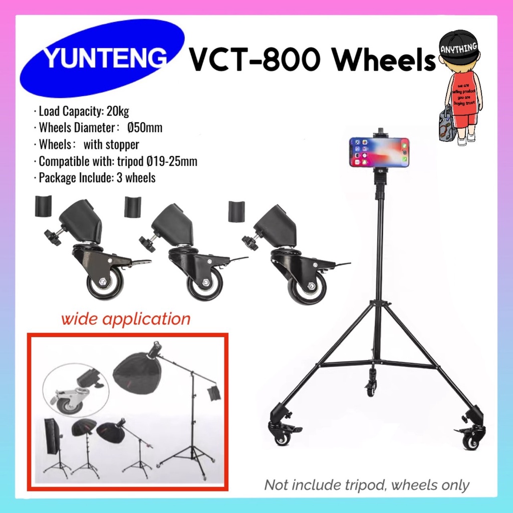 ORIGINAL YUNTENG VCT-800 Tripod Wheels Swivel With Brake | Shopee Malaysia