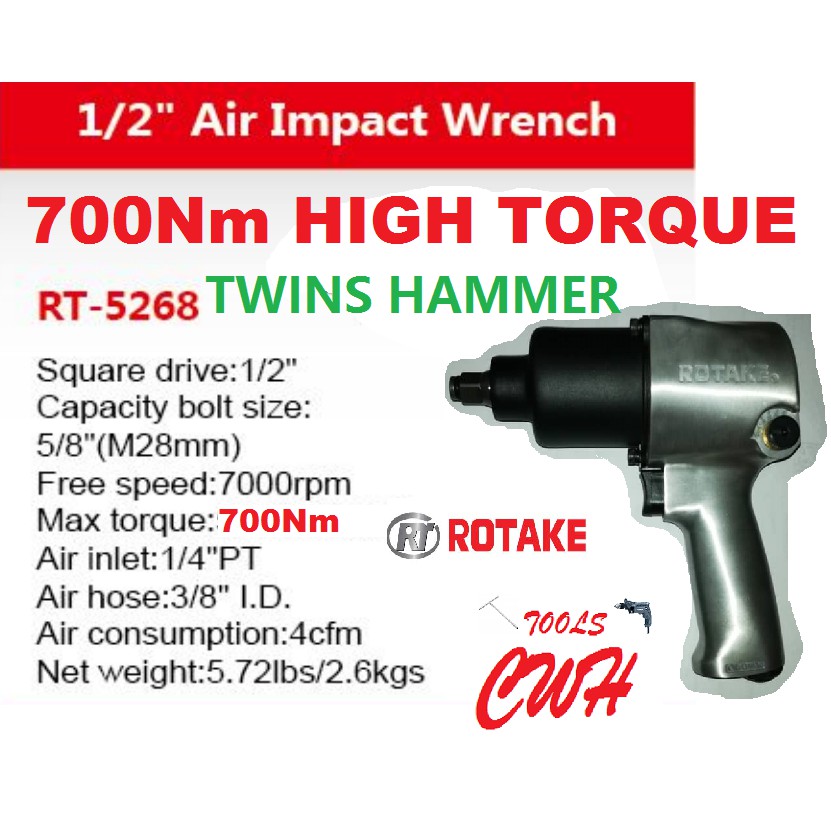 TWINS HAMMER 1/2" 700Nm 28MM RT-5268 ROTAKE SUPER DUTY AIR PNEUMATIC IMPACT WRENCH WRENCHES ...