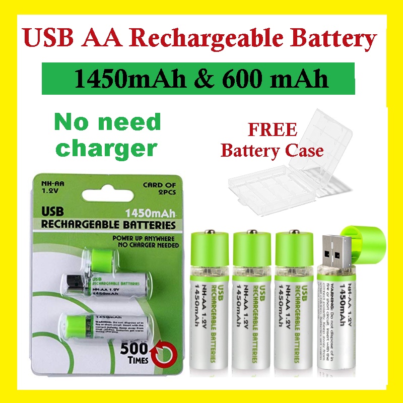 Original AA USB Rechargeable Battery NI-MH 1.2V 1450mAh 600mAh (2 Cells ...