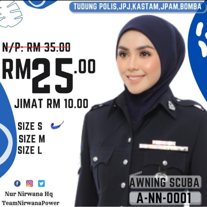 Tudung blue black biru gelap polis, kastam,jpj,imigresen nur nirwana ...