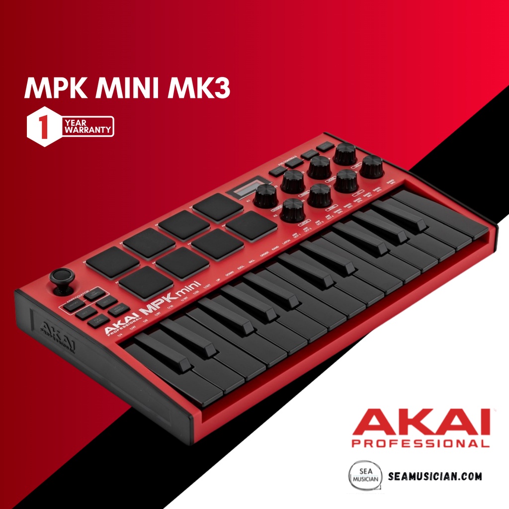 AKAI MPK MINI MK3 COMPACT KEYBOARD MIDI CONTROLLER, RED (MK III/ KEY ...