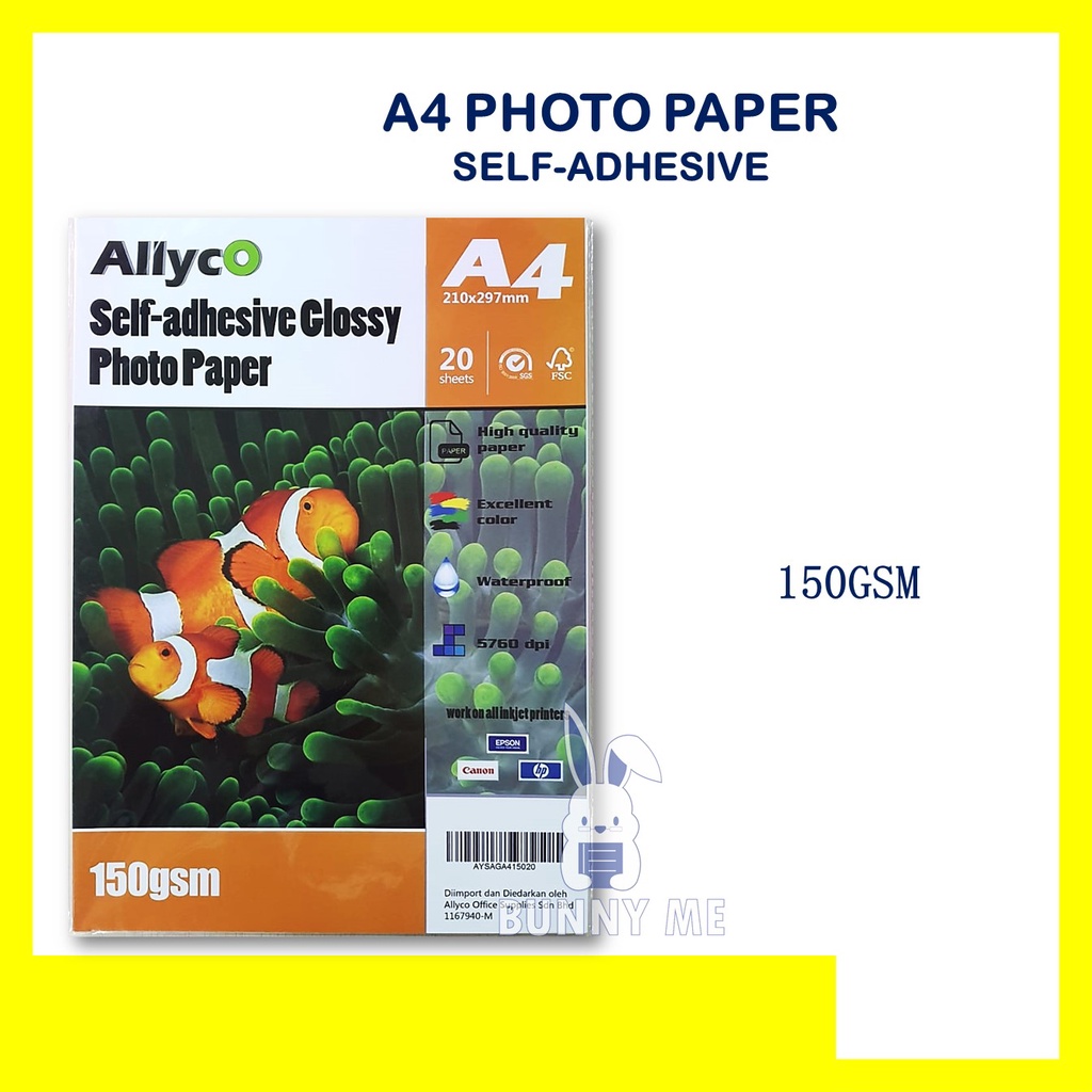 ALLYCO A4 SELF-ADHESIVE GLOSSY PAPER 20 SHEETS 150GSM/ PHOTO PAPER ...