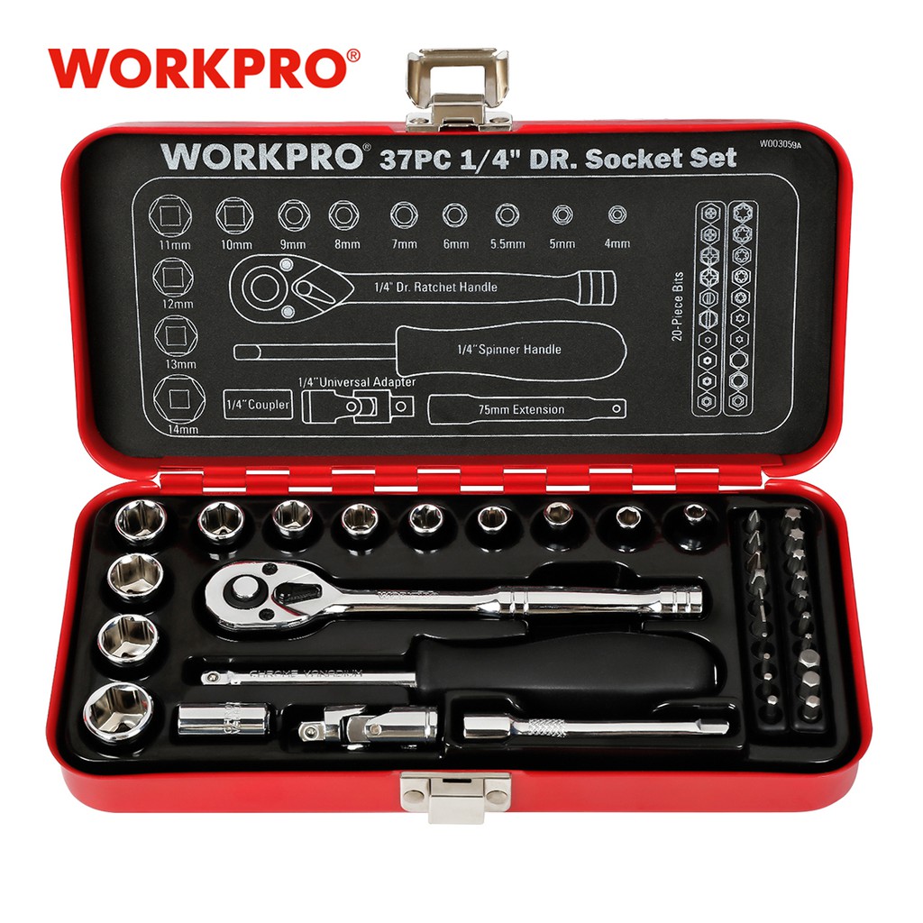 WORKPRO 37PC 1/4" Sokcet Set Tool Set Home Repair Tools Metal Box ...