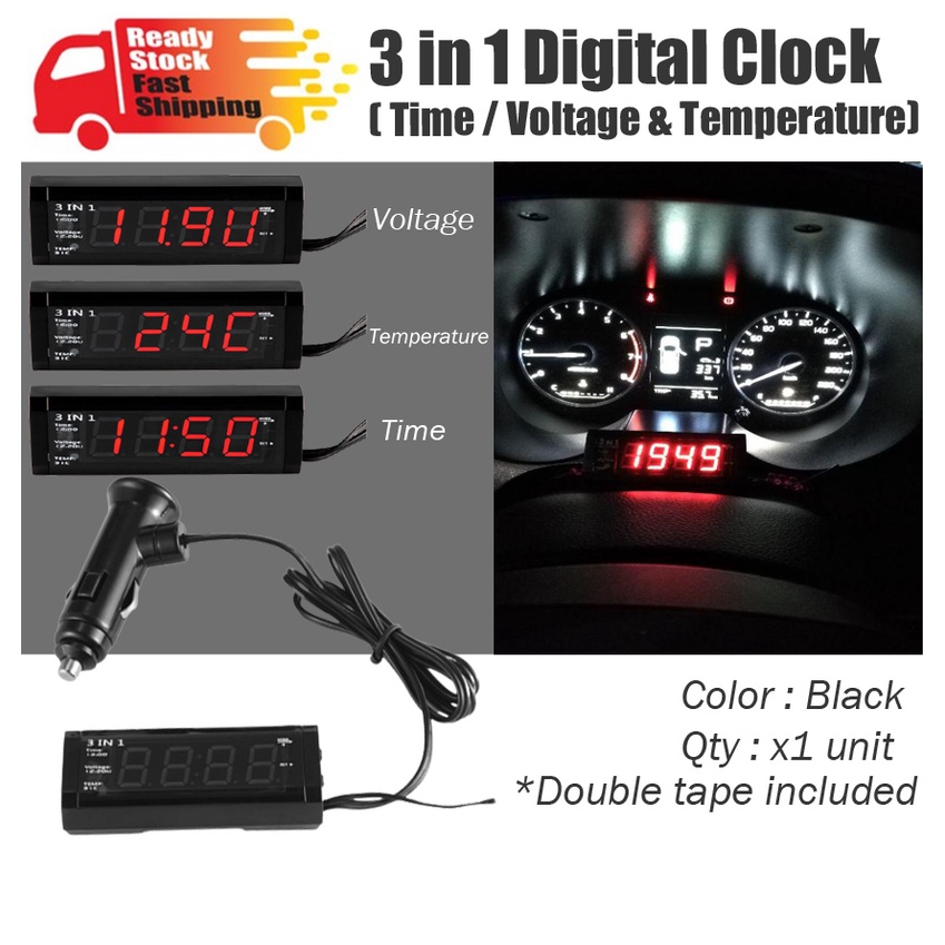 3 in 1 Black Digital Clock Universal Car Use Voltage Time Temperature ...