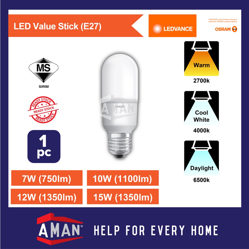 OSRAM SIRIM E27 LED Value Stick Bulb Energy Saver LED Stick Bulb Ledvance Daylight Coolwhite ...