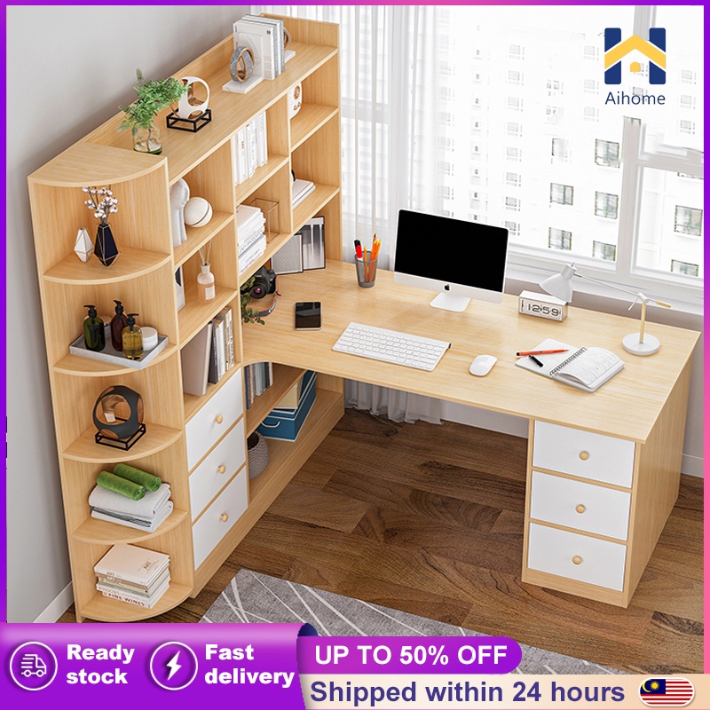 【NEW】140CM Computer Study Table With Side Bookshelves Storage Shelf ...