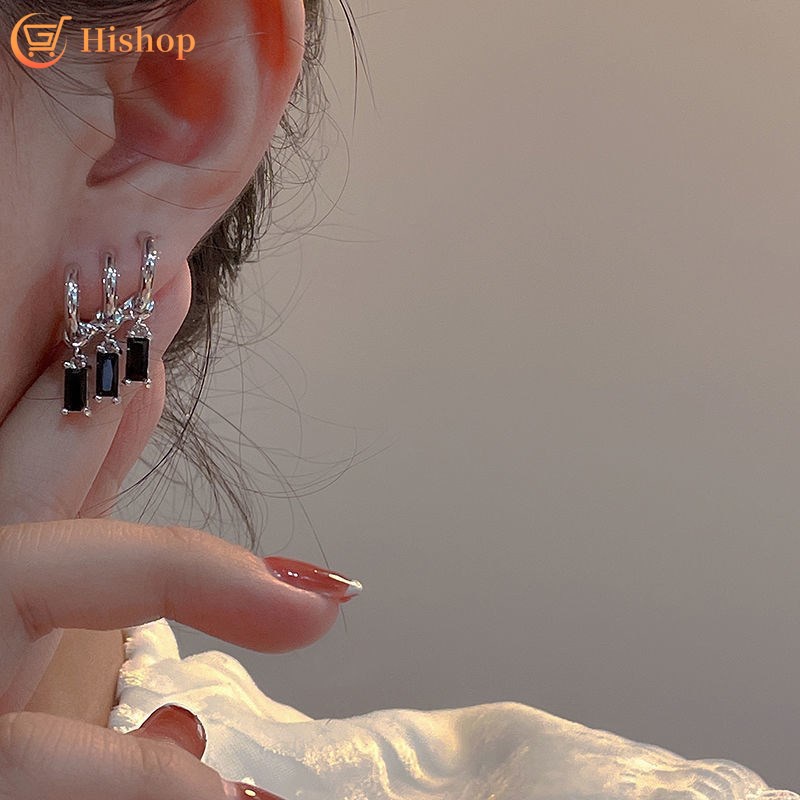 Elegant Black Zircon Earrings Fashion Sliver Hoop Earring for Women ...