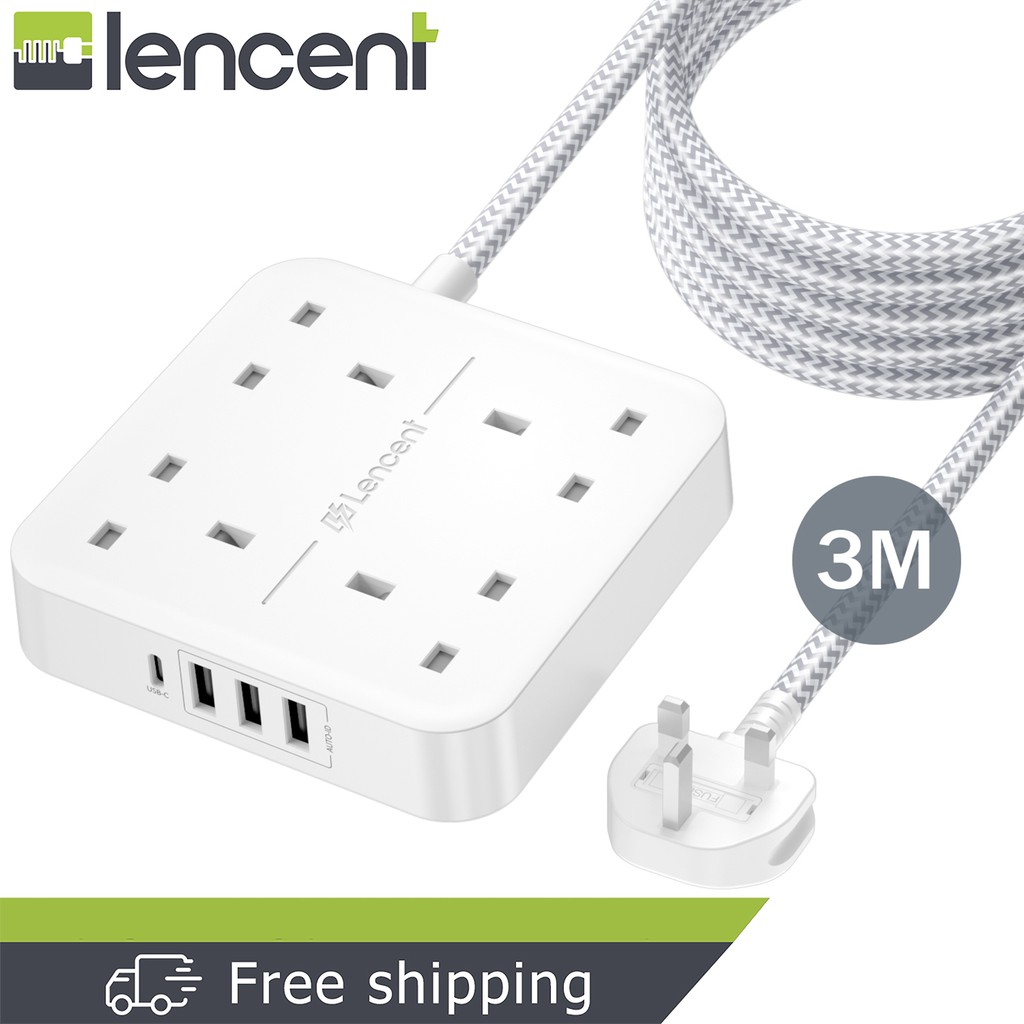 LENCENT 3M Extension Lead(3250W 13A), 4 Way Outlets Power Strip with 1 ...