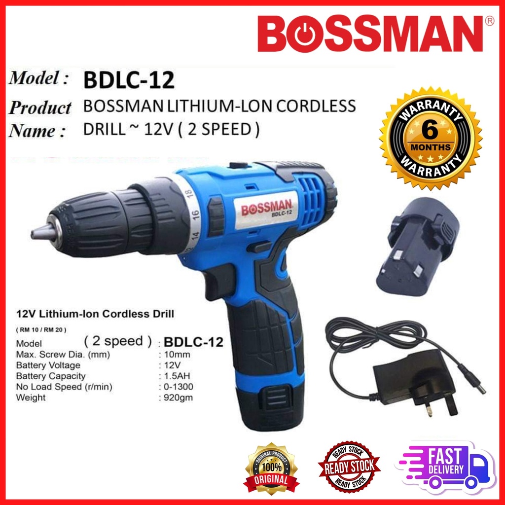 BOSSMAN 10MM 12V LI-ION CORDLESS DRILL WITH 2 BATTERIES PACK BDLC-12 ...