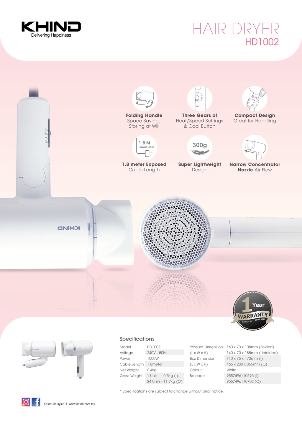 Khind Hair Dryer HD1400/HD1002/HD1800/HD1422/HD1822/Faraday FHD1000 ...