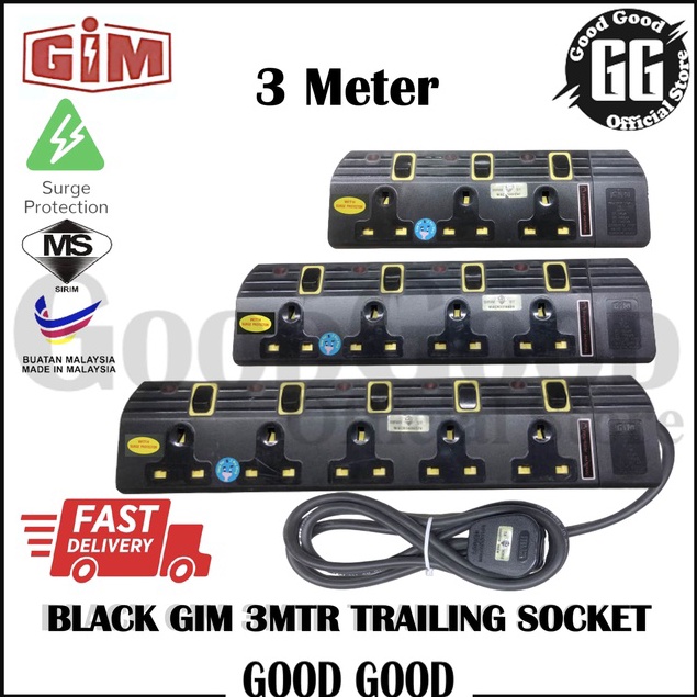 Gim 3 4 5 Way 3mtr Surge Protector Sleek Black Portable Extension Trailing Socket Trailing Plug