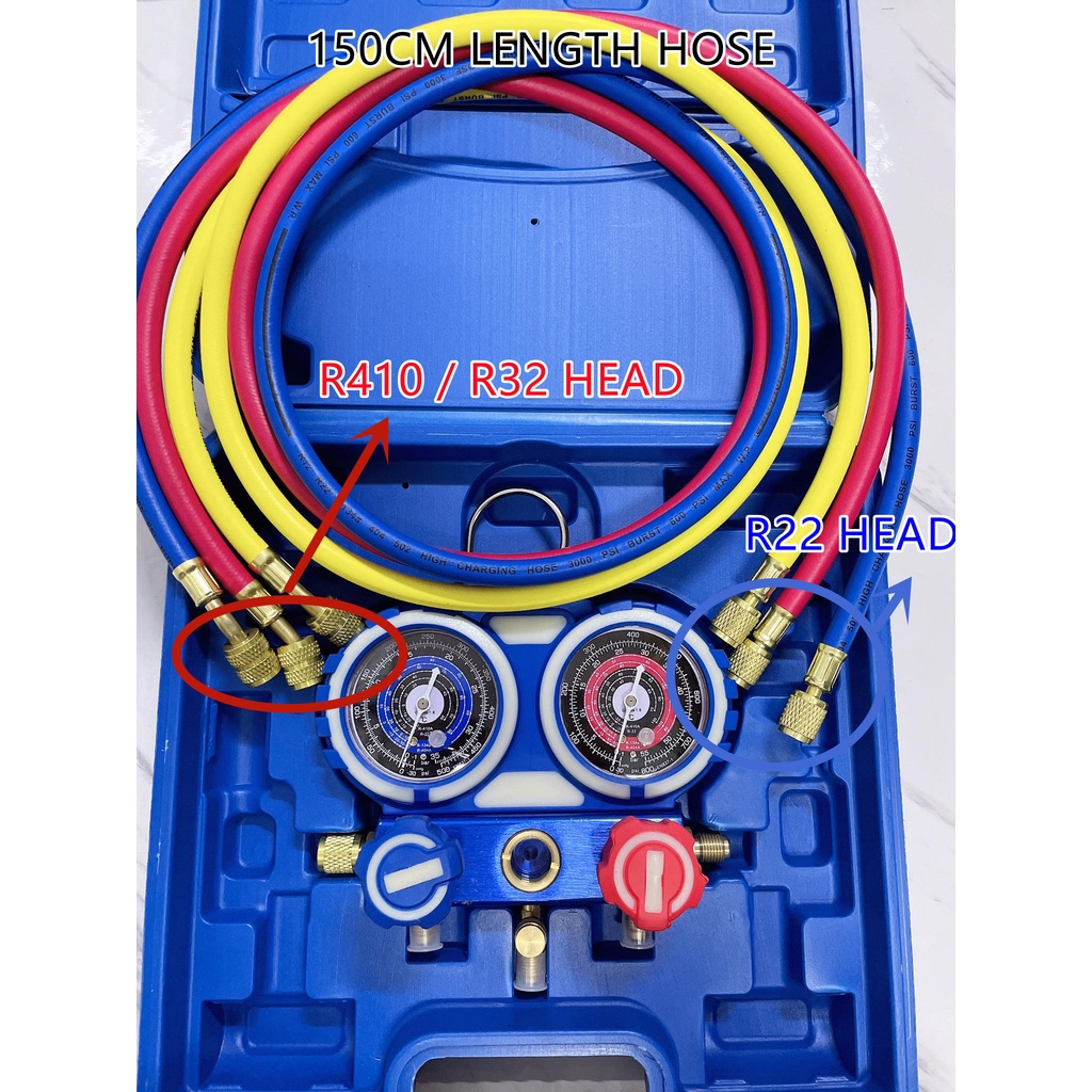 Manifold Gauge gas meter aircond with 3pcs Charging Hose Set R410a R32 R22 R134A R600 Air Cond ...