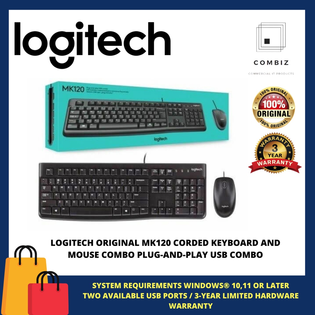 Keyboard Logitech Original Mk120 Corded Keyboard And Mouse Combo Plug