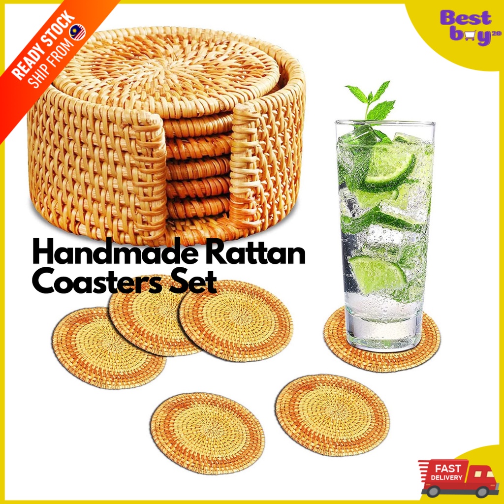 Handmade Rattan Coaster Non-Slip 6 Piece Coaster Set with Holder Cup ...