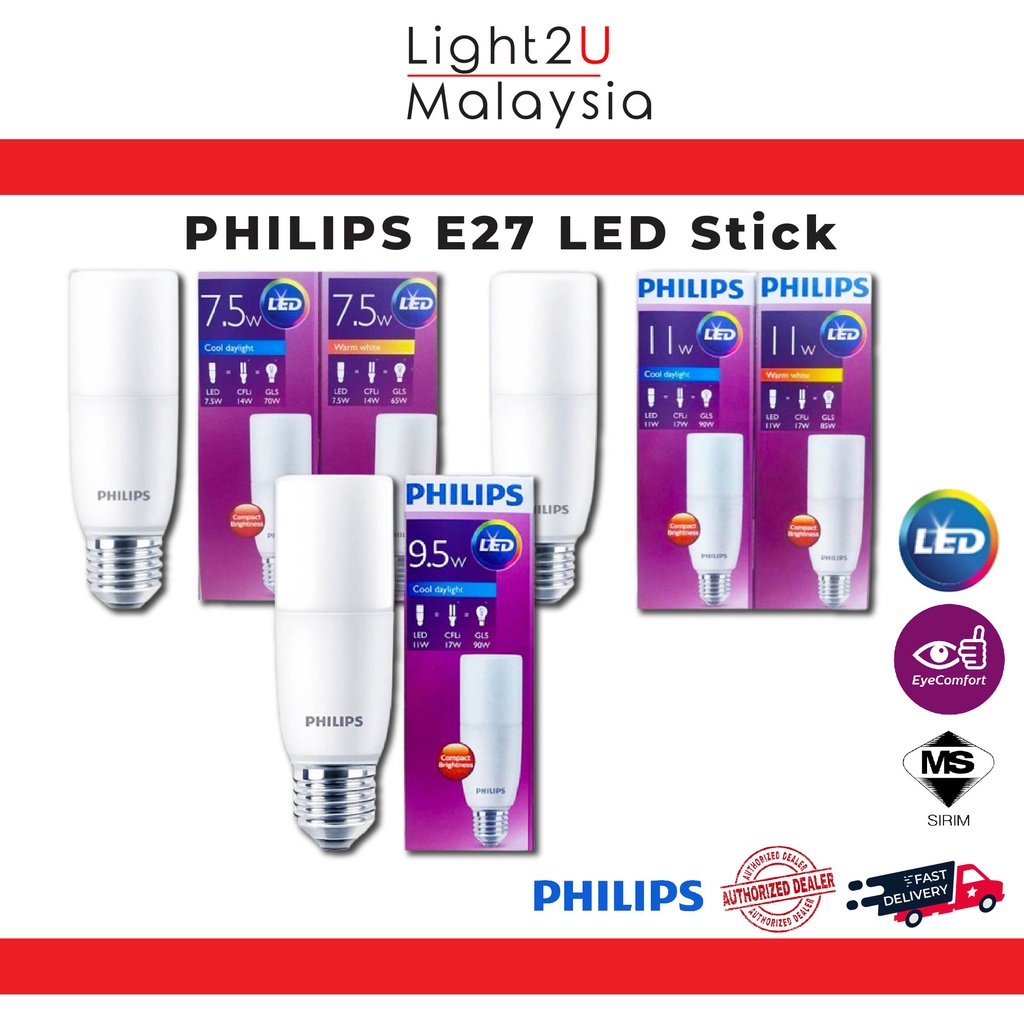 Philips E27 LED Stick Bulb (7.5W / 9.5W / 11W ) - 3000K/4000K/6500K [Light Bulb - Mentol Lampu ...