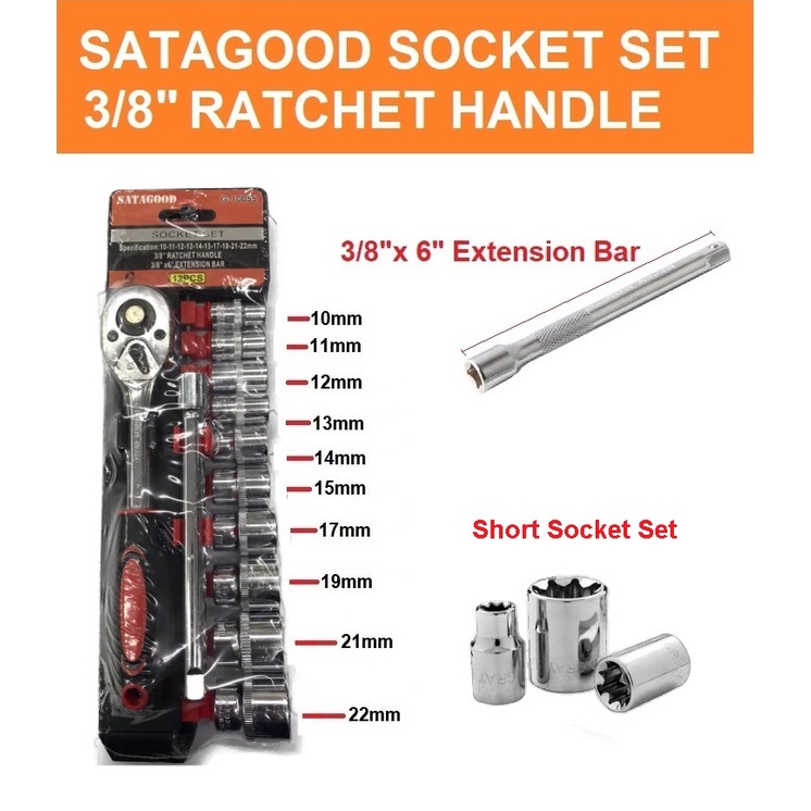 SATAGOOD 12PCS SET RATCHET WRENCH LONG SOCKET SET 1/2", 3/8" & 1/4 ...