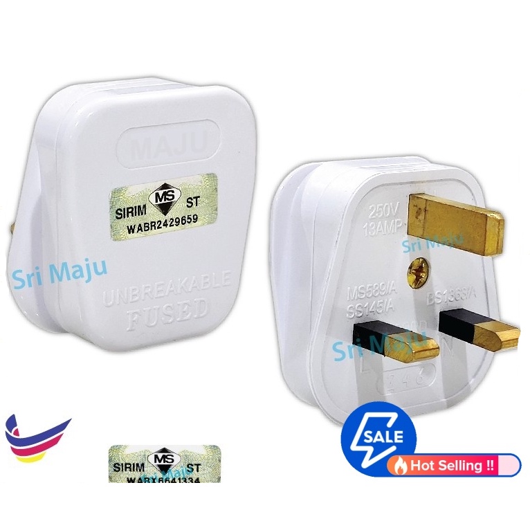 SIRIM CERTIFIED Kepala Plug Elektrik 13A White Plug Top 3 Pin Style UK ...