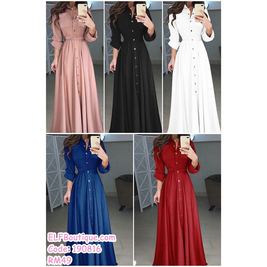 READY STOCK Muslimah Plus Size Long Sleeve Collar Button Plain Maxi ...