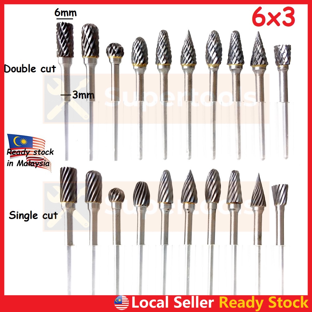 10pcs 6x3mm Tungsten Carbide Burr 3mm Single Cut Double Cut Rotary ...