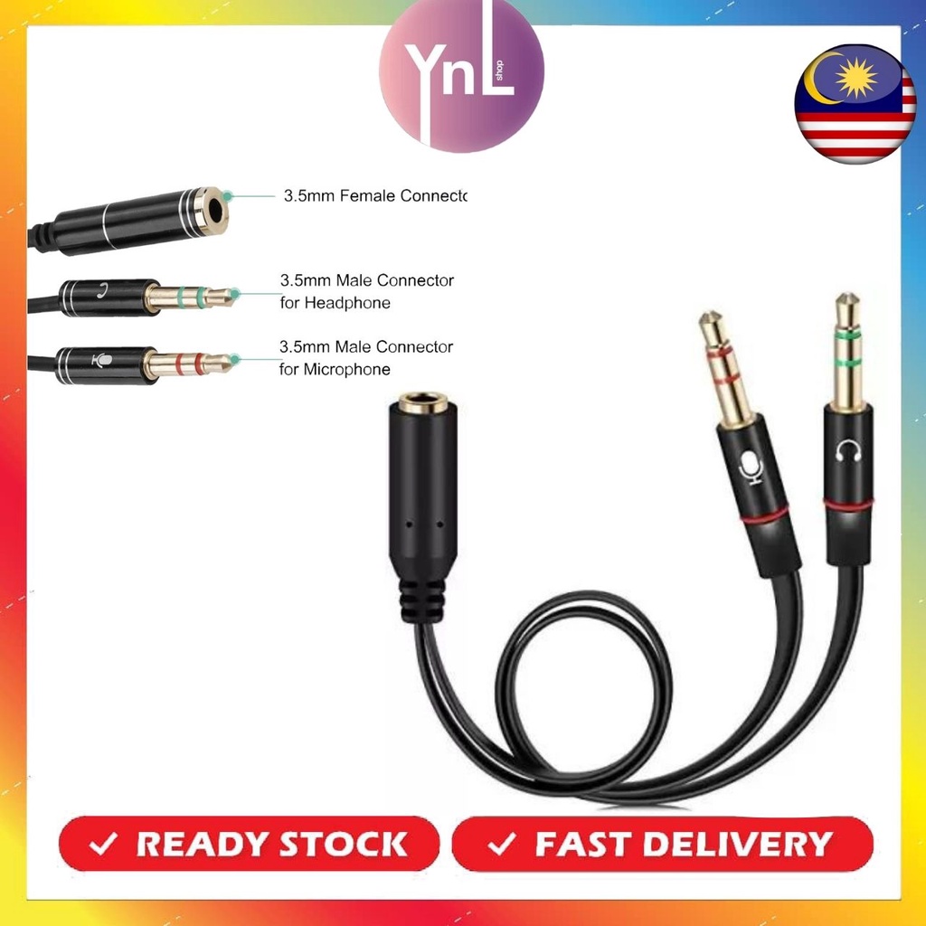 3.5mm Female To 2 Male Y Splitter Aux Audio Cable PC Headphone Earphone ...