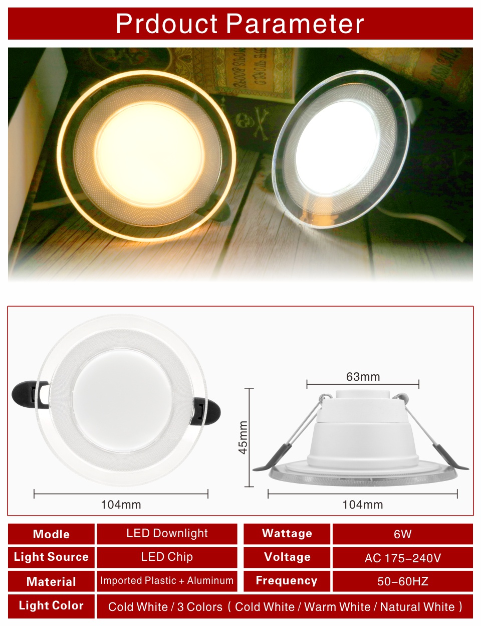 Got Liang 3 Colors Changeable LED Downlight 6W LED Lamp 220V 230V 240V ...