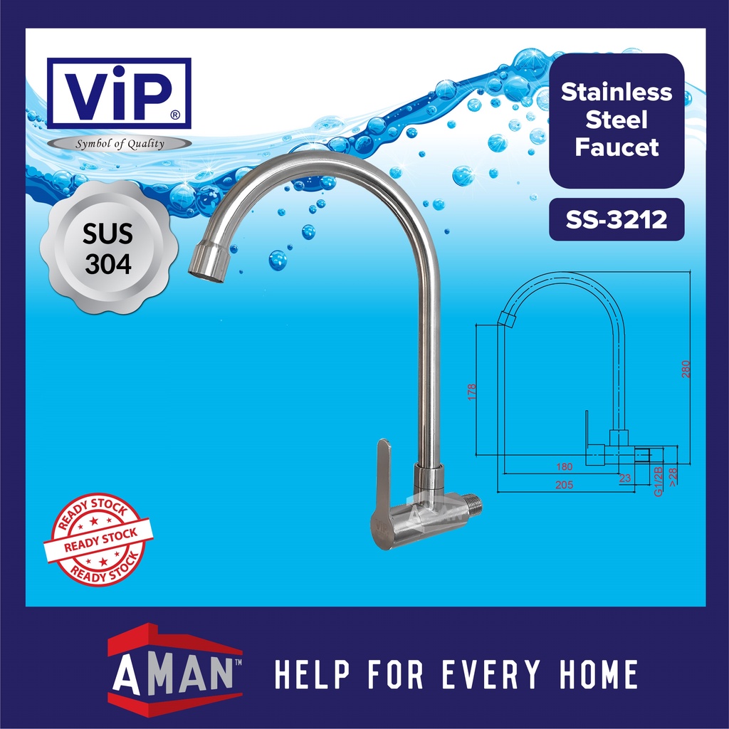 VIP SUS-304 Stainless Steel Wall Sink Tap Kitchen Sink Tap Basin Tap Wall Water Tap Faucet Paip ...