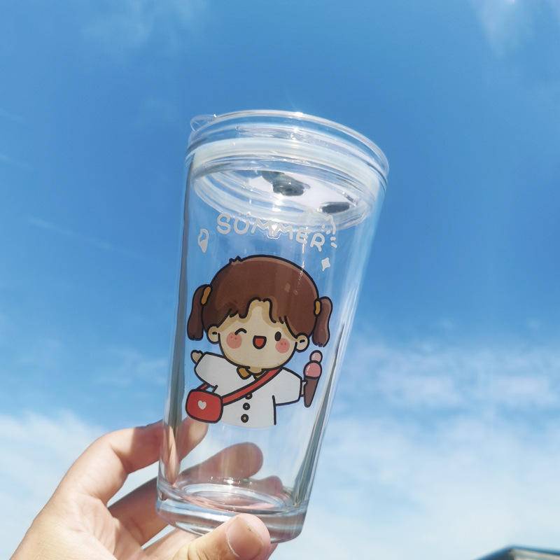450ML Ins Simple Leak-Proof Heat-Resistance and Cute Straw Glass Water Cup Tumbler cups with ...