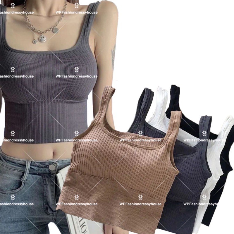 Wpf Korean Style Rib Knit Sando Crop Top Smocked Back Padded N2 ...