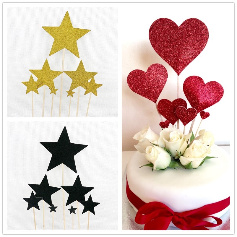 7pcs/set of Heart Shaped Star Cake Toppers Cake Toppers Gold/Red/Rose ...