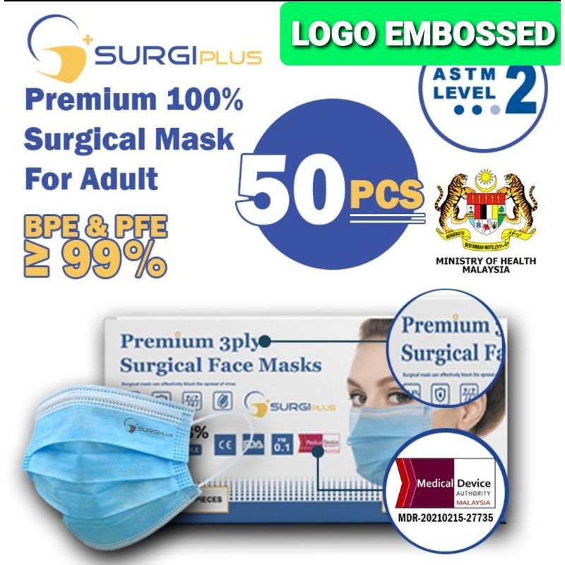 50pcs NEW VERSION ALL BLUE SURGIPLUS EMBOSSED PREMIUM Earloop Surgical ...