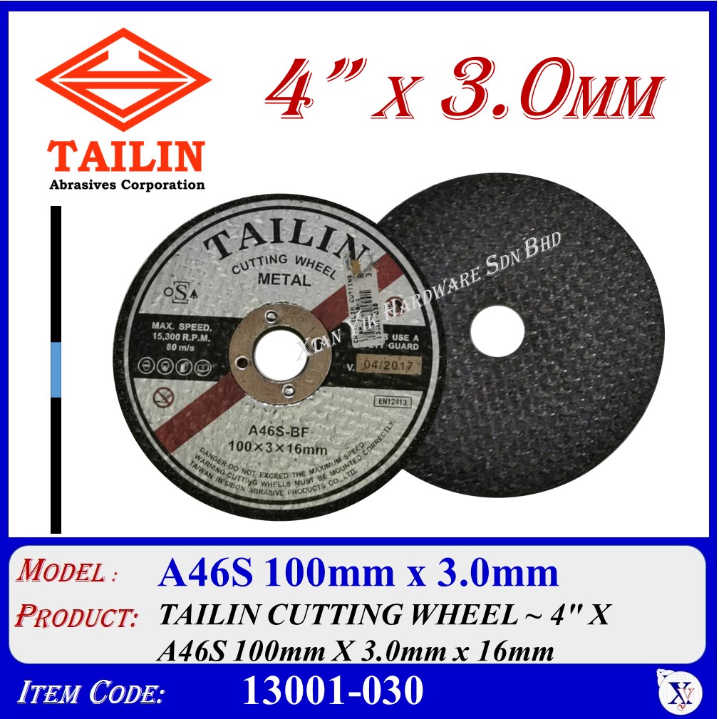 13001-030 [1 PCS / 5 PCS] TAILIN CUTTING WHEEL ~ 4" X A46S 100mm x 3 ...