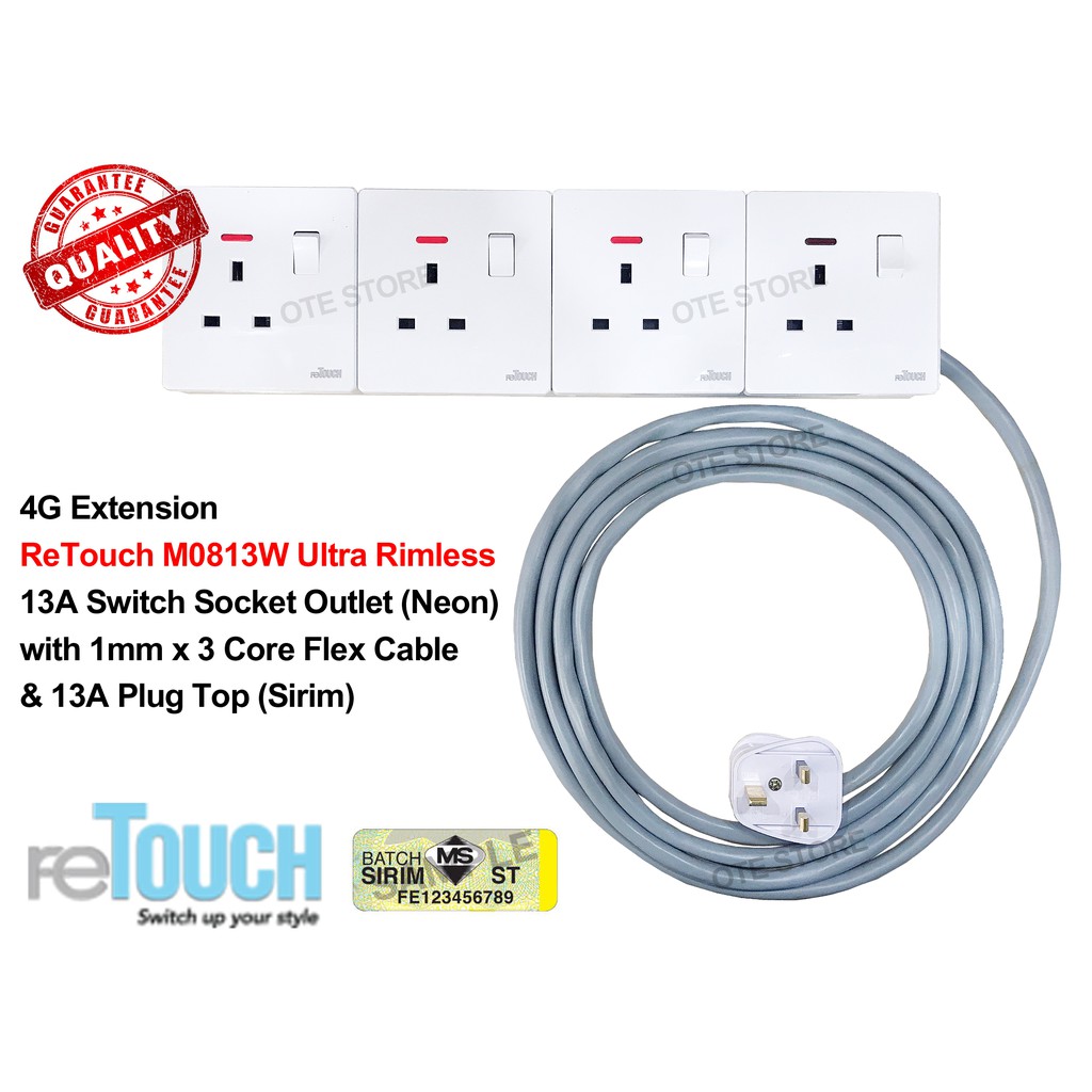 4G Extension ReTouch Ultra 13A SW Socket (Neon) c/w 1mm X 3 Core PVC ...