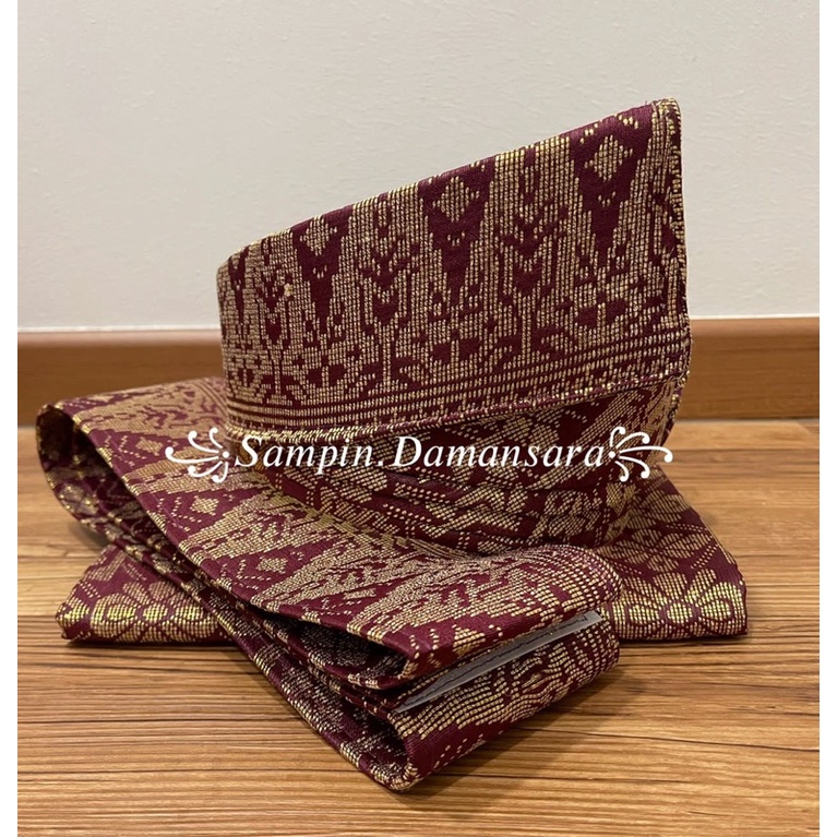 Sampin Songket basic Maroon gold Sedondon dan Set tanjak(Corak Random ...