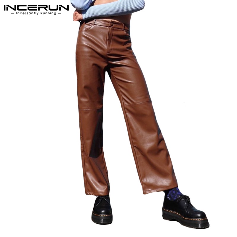 INCERUN Men's Fashion Design Leisure Solid Color Straight Leather Pants ...