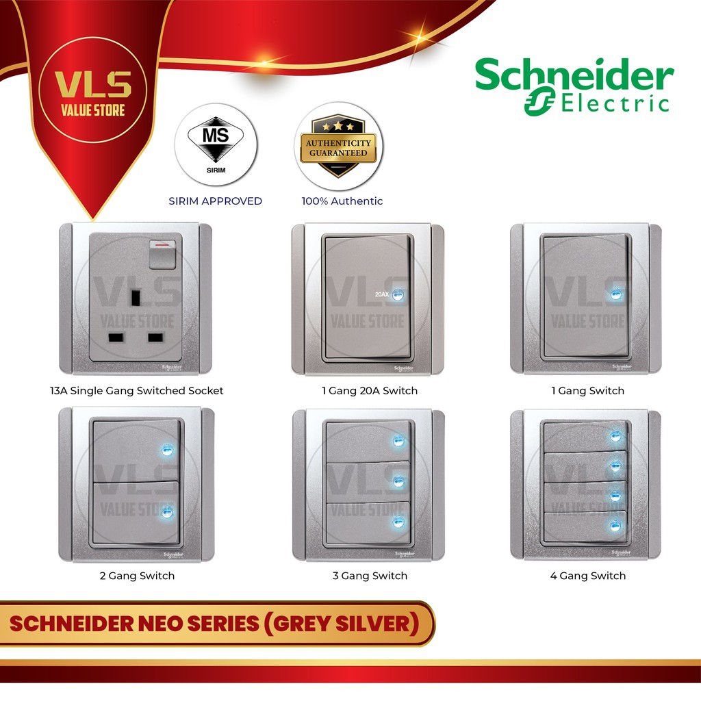 Schneider Neo Switches and Sockets With Blue LED Light 【Grey Silver ...