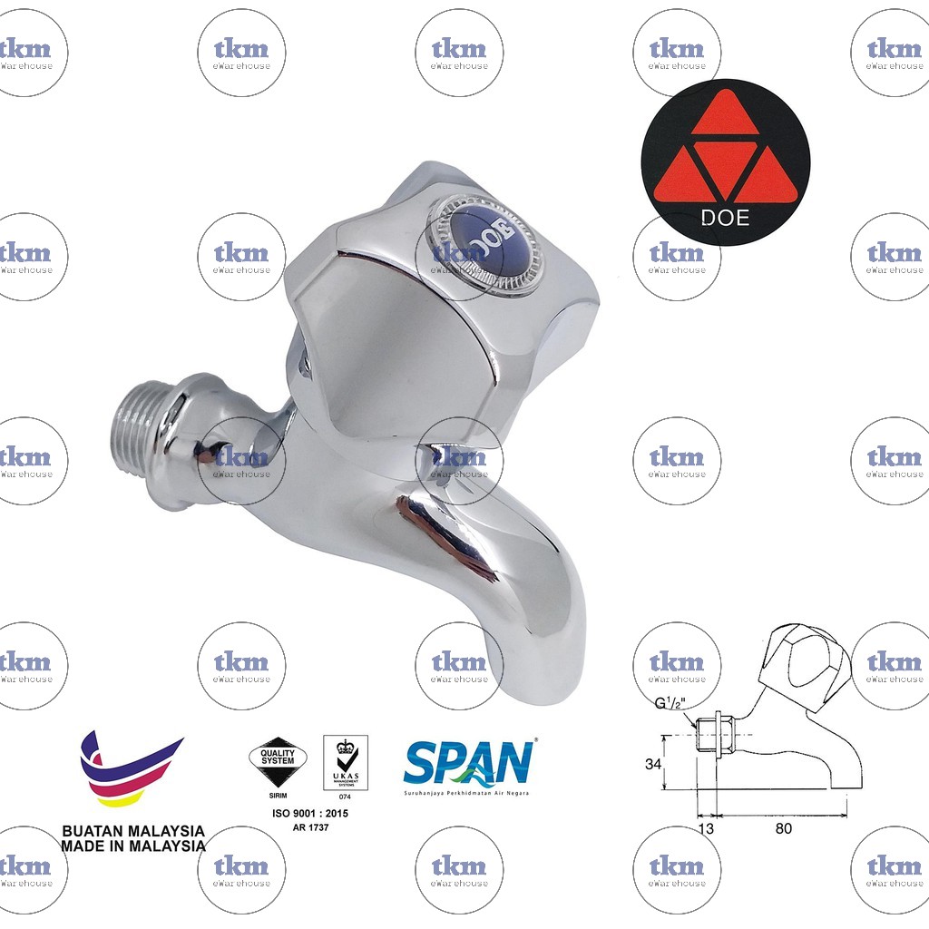 DOE BT36 G1/2" Wall Mounted Bib Tap with DOE ABS Chrome Plated Handle ...