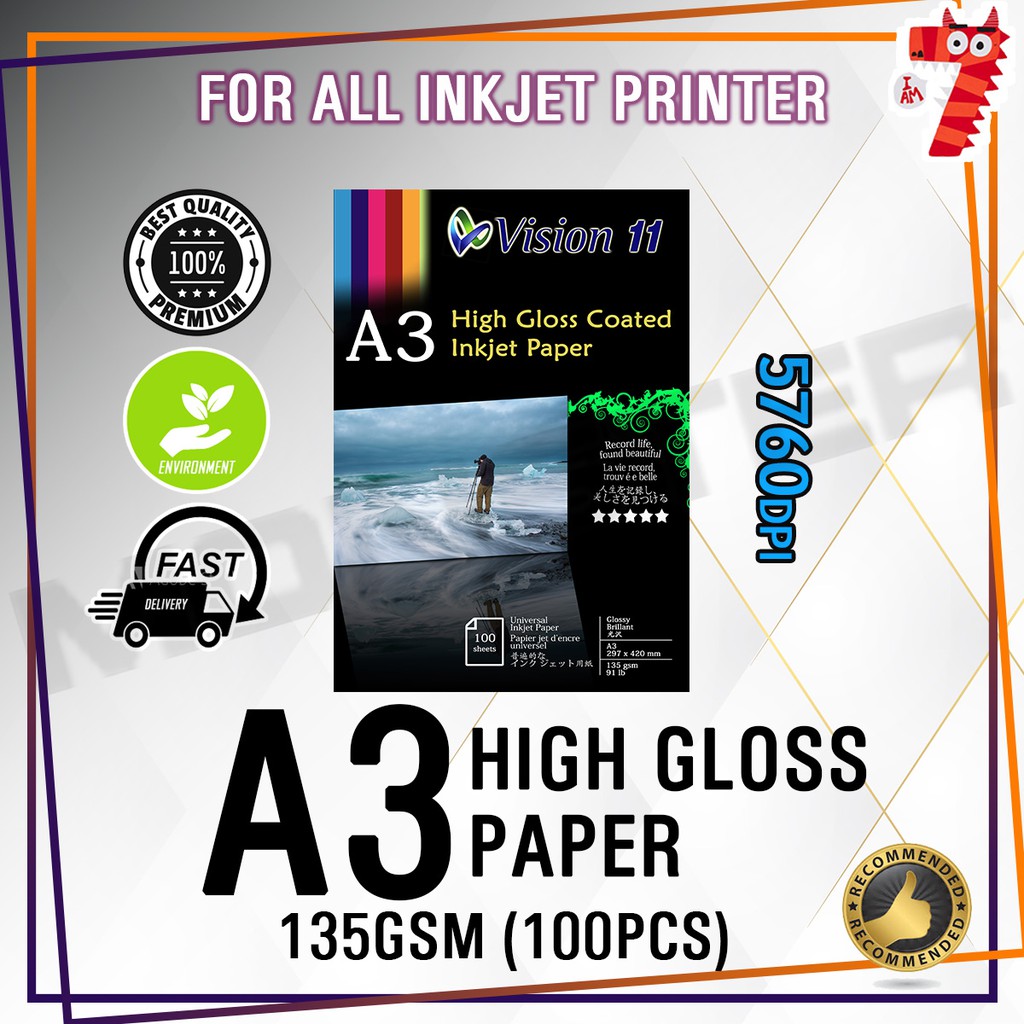 Vision A3 Glossy Inkjet Paper 135gsm (100pcs/pkt) A3 Glossy Photo | Shopee Malaysia