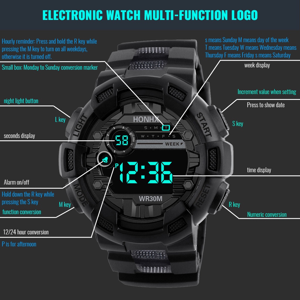 Men Watch Sports LED Display Multifunction Men's Watch Digital Watch ...