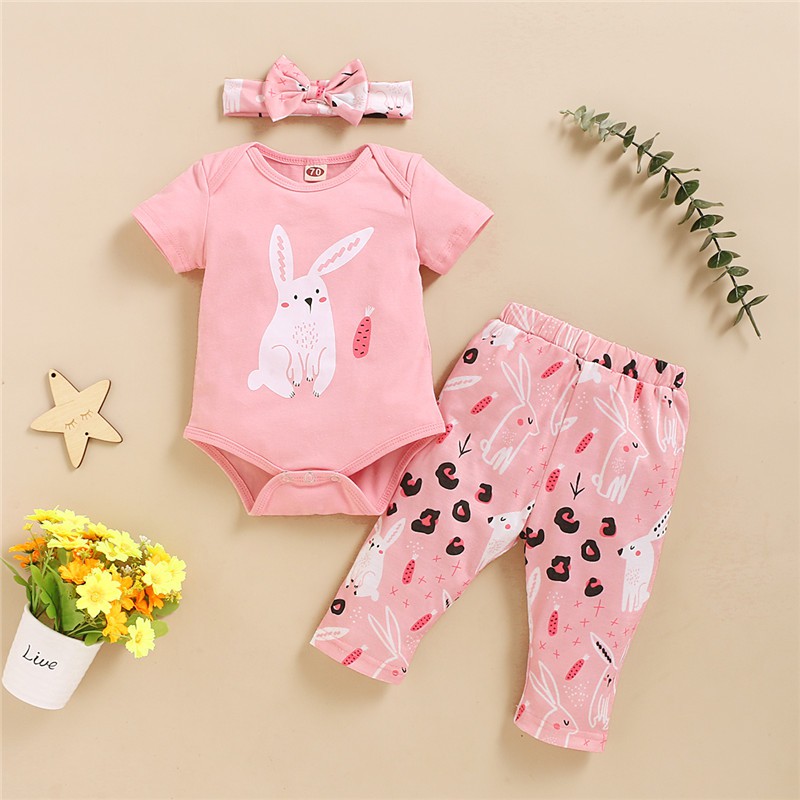 Newborn Baby Girl Daily Clothes Set Rabbit Print Short Sleeve Romper ...