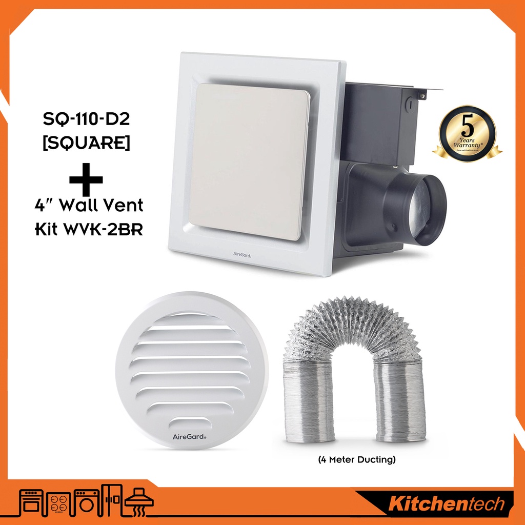 Airegard Exhaust Fan SQ110D2 + Wall Vent Kit WVK2BR 4.0 Meter S-Series ...