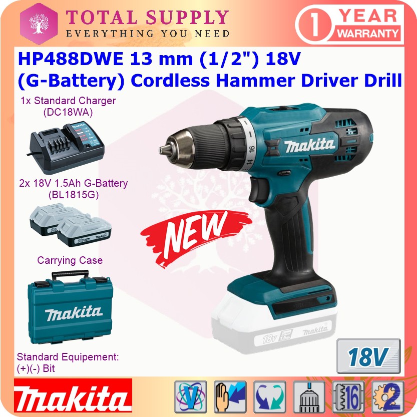 HP488DWE MAKITA 18v 13mm (1/2") (G-Battery) 13 mm Cordless Hammer Driver Drill HP488DWE | Shopee ...