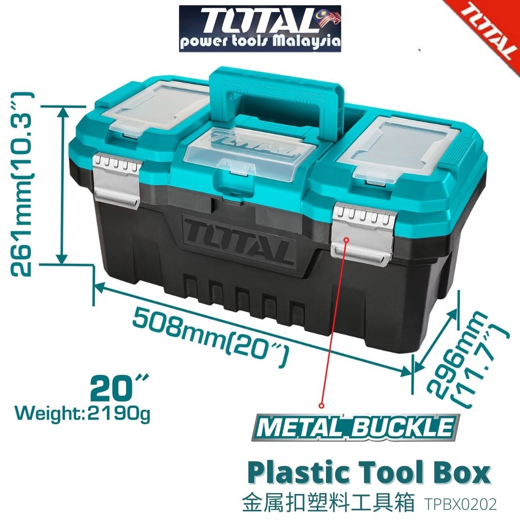 TOTAL Polypropylene Plastic Tool Box with Metal Buckle 20'', 17", 14 ...