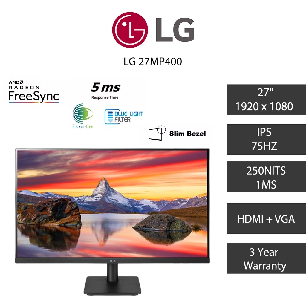 LG 27" 27MP400 AMD FreeSync IPS FHD 75Hz Virtually Borderless Monitor ...