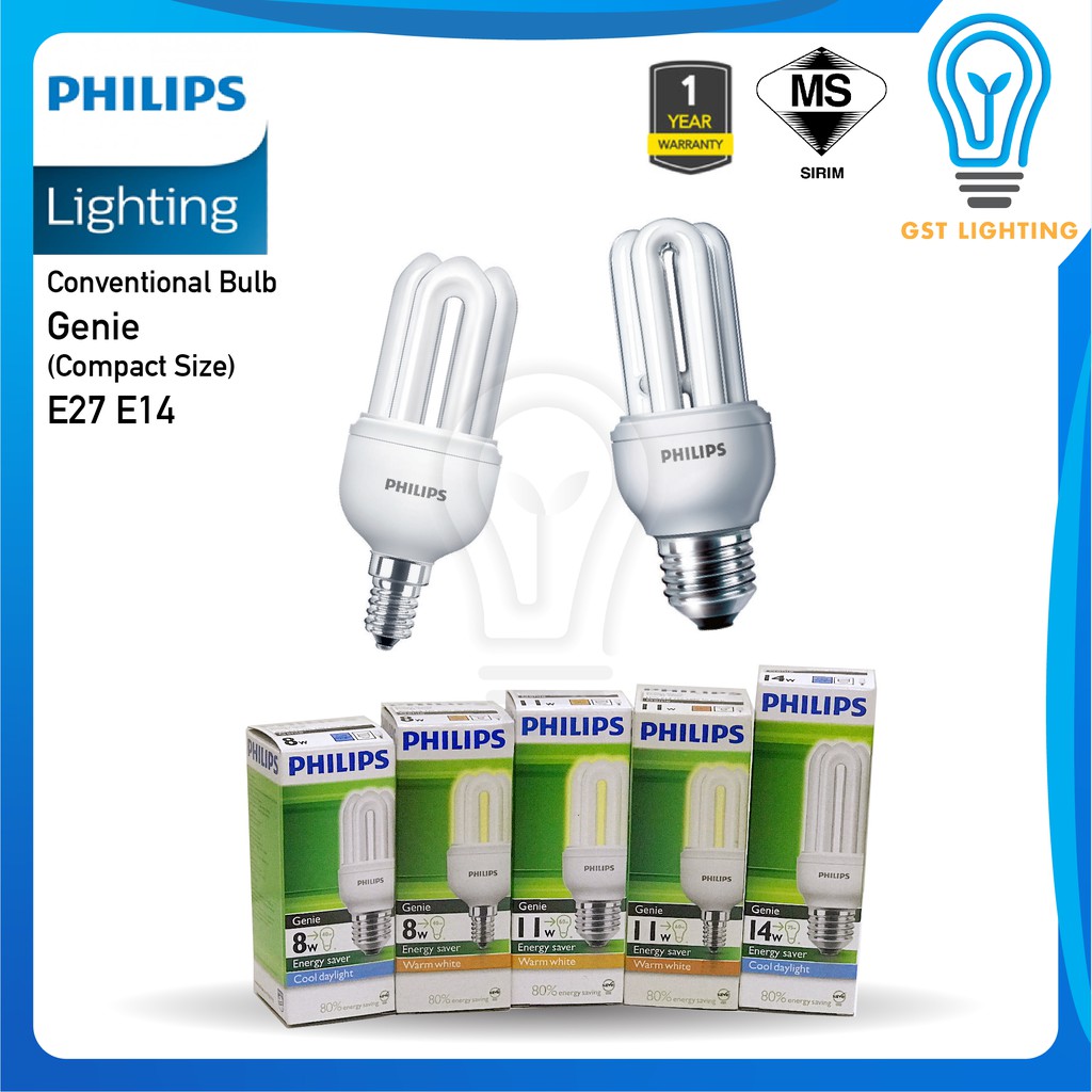 Philips Genie/ Essential PLCE Energy Saver Light Bulb E27 / E14 | 8W / 11W / 18W | Warmwhite ...